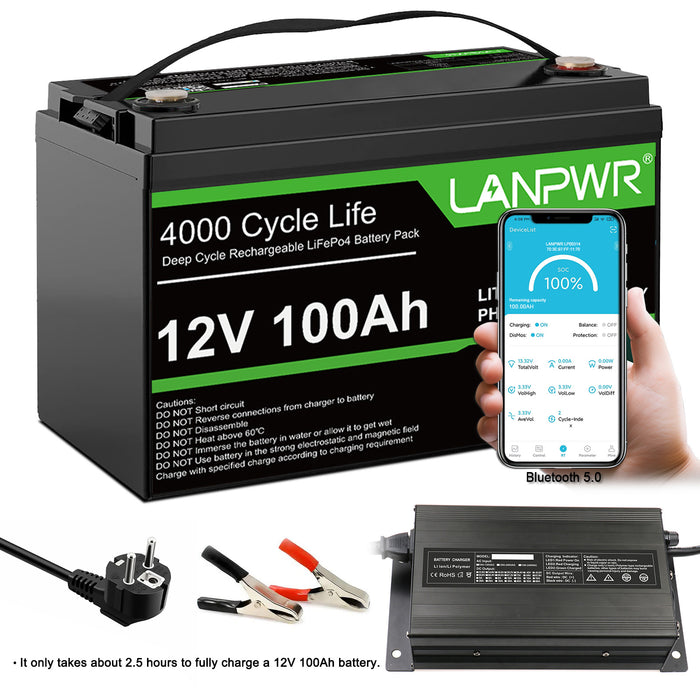 LANPWR 12V 100Ah LiFePO4 Battery with Bluetooth 5.0, 4000+ Deep Cycle